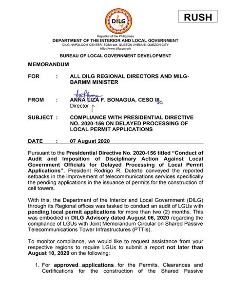 Memo Compliance To Pd No 2020 156 On Delayed Processing Of Local