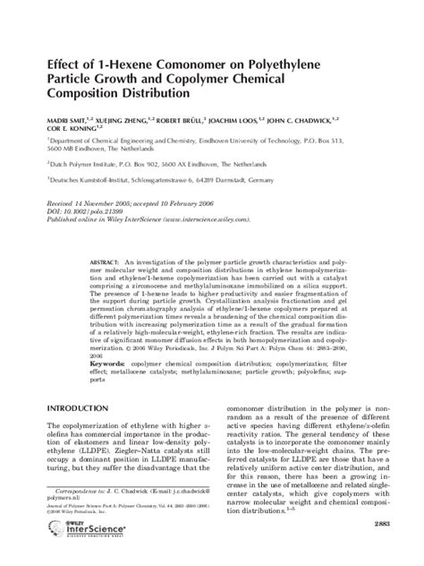 Pdf Effect Of 1 Hexene Comonomer On Polyethylene Particle Growth And