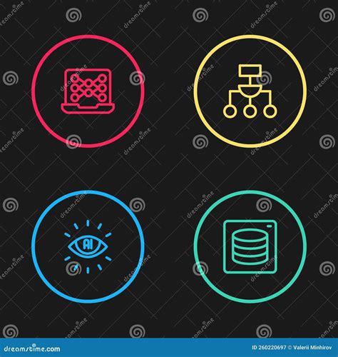 Set Line Artificial Intelligence AI Server Data Algorithm And Neural Network Icon Vector