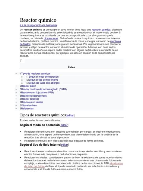 Tipos De Reactores Pdf Reactor Quimico Mecánica De Medios Continuos
