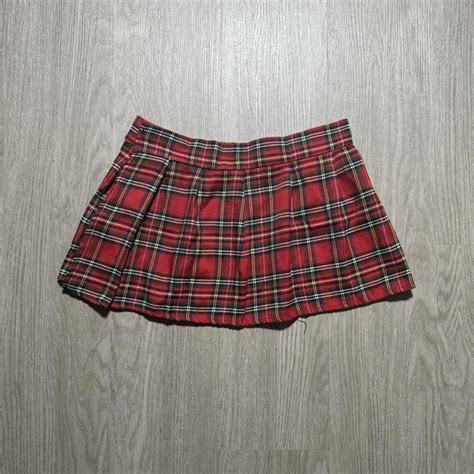 Red Pleated Plaid Schoolgirl Skirt With Velcro Depop