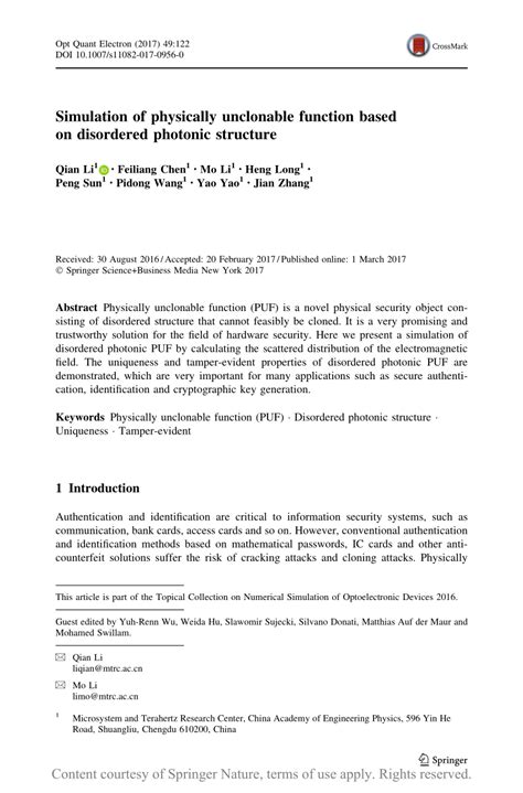 Simulation Of Physically Unclonable Function Based On Disordered Photonic Structure Request Pdf