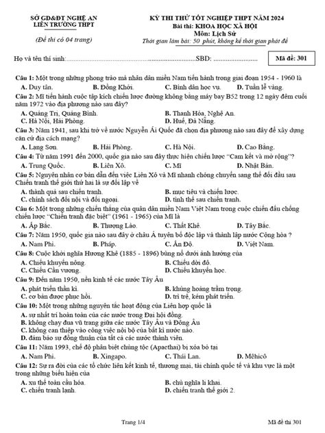 LiÃªn TrÆ°á Ng Thpt Tá Nh Nghá An Láº§n 2 NÄ M 2024 Pdf