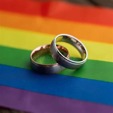 Lgbtq Wedding Rings Placed On A Rainbow Pride Flag Symbolizing Same