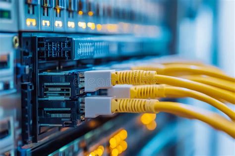 Close Up View Of A Network Switch With Yellow Ethernet Cables Plugged In Showcasing Modern