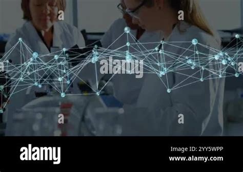 Scientists Working In Laboratory With Network Connections And Data