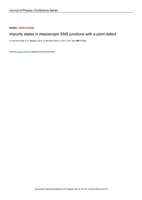Pdf Impurity States In Mesoscopic Sns Junctions With A Point Defect