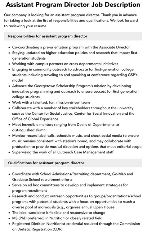 Assistant Program Director Job Description Velvet Jobs