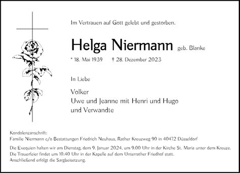 Alle Traueranzeigen Für Helga Niermann Trauerrp Onlinede