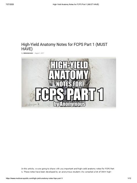 High Yield Anatomy Notes For Fcps Part 1 Must Have Pdf Vertebra Arm