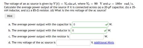 Solved The Voltage Of An Ac Source Is Given By V T Vo Chegg