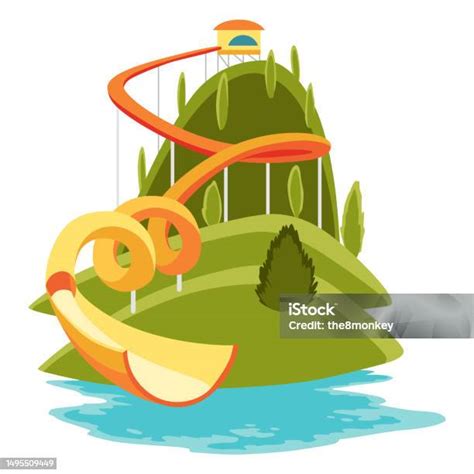 컬러 플라스틱 나사 슬라이드가 있는 워터파크 워터 슬라이드 아쿠아 파크 및 수영장 장비 레크리에이션 또는 놀이 공원 재미있는 그래픽 디자인 요소 여름 명소 고여 있는 물에