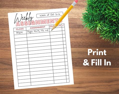Printable Weekly Assignment Tracker Letter A4 Weekly Etsy