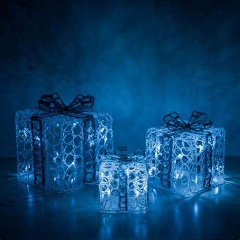 Three Festive Mixed Sized Cool White Led Light Up Christmas T Boxes