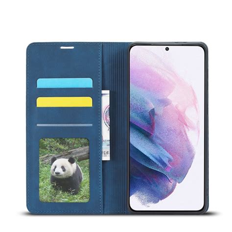 삼성 갤럭시 S21 5g Forwenw 드림 시리즈 오일 에지 강한 자기 수평 플립 가죽 케이스 홀더 및 카드 슬롯 및 지갑 및 사진 프레임 파란색