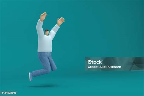 청바지 흰색 긴팔 셔츠를 입은 만화 캐릭터 연기의 3d 일러스트 레이터 그는 점프하고있다 3차원 형태에 대한 스톡 사진 및 기타 이미지 Istock