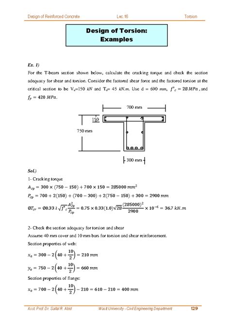 Lec Lecture Notes About The Lesson Torsion Ex 1 For The T Beam