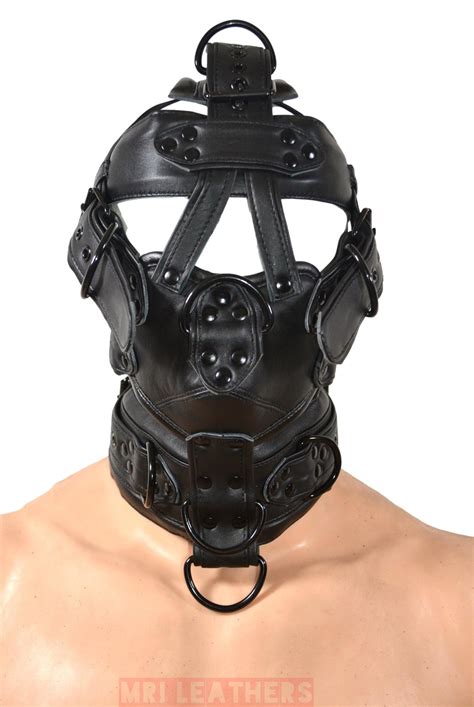 Leather Gear Face Hood Fetish Slave Extreme Bondage Muzzle Gag With D