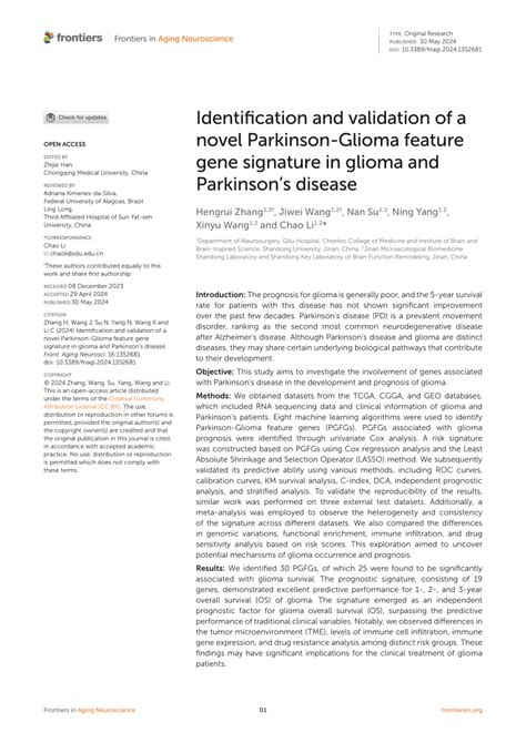 Pdf Identification And Validation Of A Novel Parkinson Glioma Feature Gene Signature In Glioma