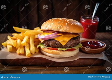 Classic Burger And Fries With A Side Of Ketchup And Mustard Stock