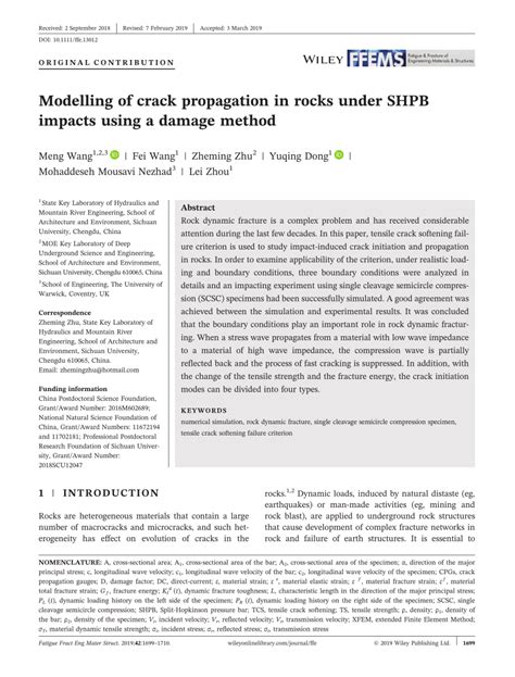 Pdf Modelling Of Crack Propagation In Rocks Under Shpb Impacts Using