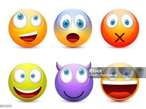 파란 눈 이모티콘 세트 웃는입니다 노란 얼굴 감정입니다 얼굴 식입니다 3d 현실 이모티콘입니다 슬픈 행복 화난 얼굴입니다 재미 있는 만화 캐릭터입니다 Moodvector