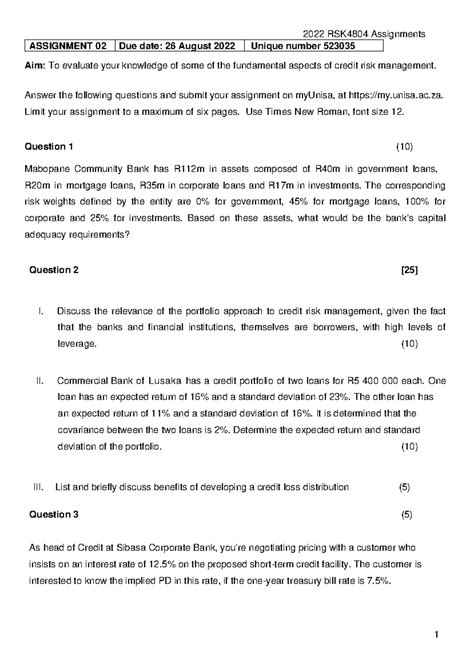 Assignment RSK Assignments ASSIGNMENT Due Date August Unique Number