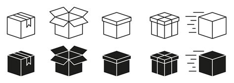 골판지 상자 라인과 실루엣 아이콘 세트 열려 있고 닫힌 소포 컬렉션 아이콘입니다 배달 아이콘입니다 판지 상자 편집 가능한