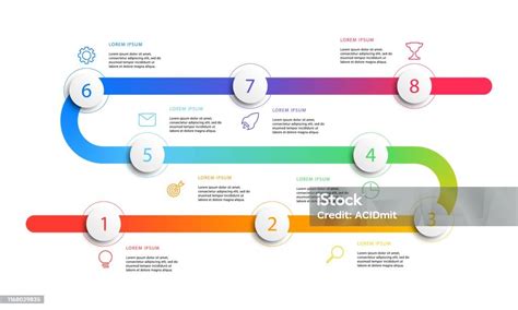 사실적인 3d 라운드 요소와 비즈니스 타임 라인 워크플로 우워크 인포 그래픽 플랫 라인 마케팅 아이콘이있는 현대적인 기업 보고서 템플릿 벡터 슬라이드 프리젠 테이션 디자인