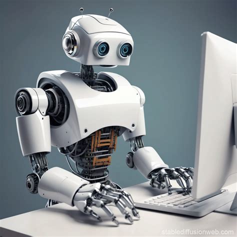 Friendly Robot At Computer Stable Diffusion Online