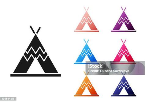 흰색 배경에 고립 된 검은 전통 인디언 티피 또는 위그웜 아이콘 인도 텐트 다채로운 아이콘을 설정합니다 벡터 티피텐트에 대한 스톡 벡터 아트 및 기타 이미지 Istock