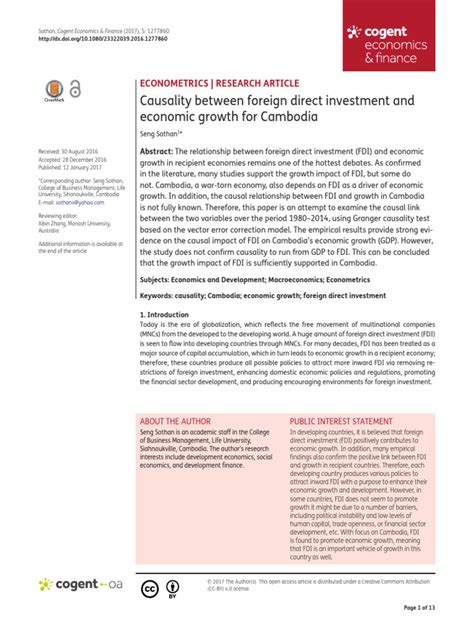 Causality Between Foreign Direct Investment And Economic Growth For Cambodia Pdf