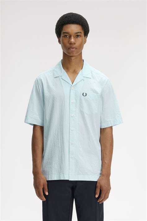 Seersucker Revere Collar Shirt Light Ice Mens Shirts Designer