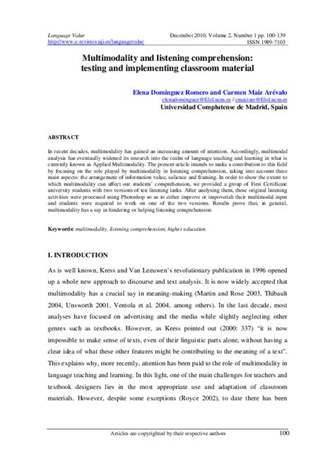 Pdf Multimodality And Listening Comprehension Testing And Implementing Classroom Material
