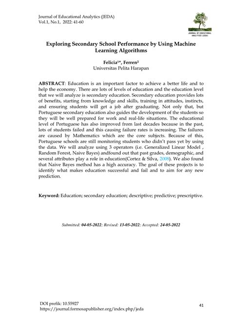 Pdf Exploring Secondary School Performance By Using Machine Learning Algorithms