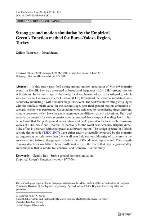 Pdf Strong Ground Motion Simulation By The Empirical Greens Function Method For Bursa Yalova