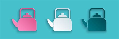 파란색 배경에 격리된 핸들 아이콘으로 주전자를 잘라낸 용지 주전자 아이콘 종이 아트 스타일 벡터 0명에 대한 스톡 벡터 아트 및