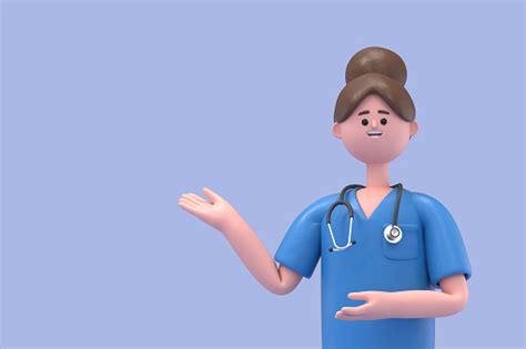 여성 의사 메리의 3d 그림은 초대 제스처를 보여줍니다 행복한 전문 백인 남성 전문가 파란색 배경에 분리된 의료 프레젠테이션 클립 아트 3차원 형태에 대한 스톡 사진 및