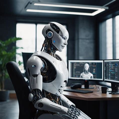 A Robot Sits In Front Of A Computer Monitor And A Monitor With The Words Quot Robot Quot On It