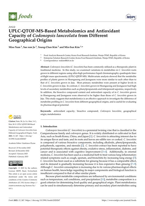 Pdf Uplc Qtof Ms Based Metabolomics And Antioxidant Capacity Of Codonopsis Lanceolata From