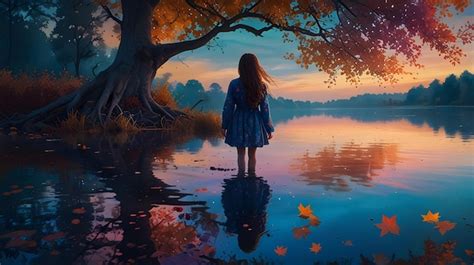 Premium Photo A Painting Of A Girl By The River With The Reflection Of A Tree In The Water