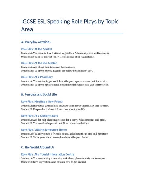 Igcse Esl Speaking Role Plays By Topic Pdf
