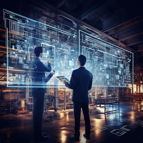 Premium Ai Image Factory Digitalization Two Industrial Engineers Use Tablet Computer Big Data