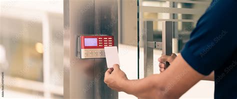 Proximity Card Reader Door Unlock Close Up Hand Security Man Using ID Card Scanning At The