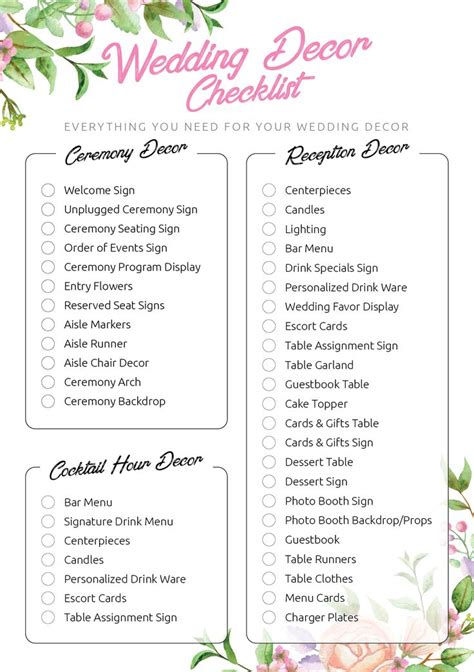 Free Printable Wedding Decor Checklist Free Printable Wedding