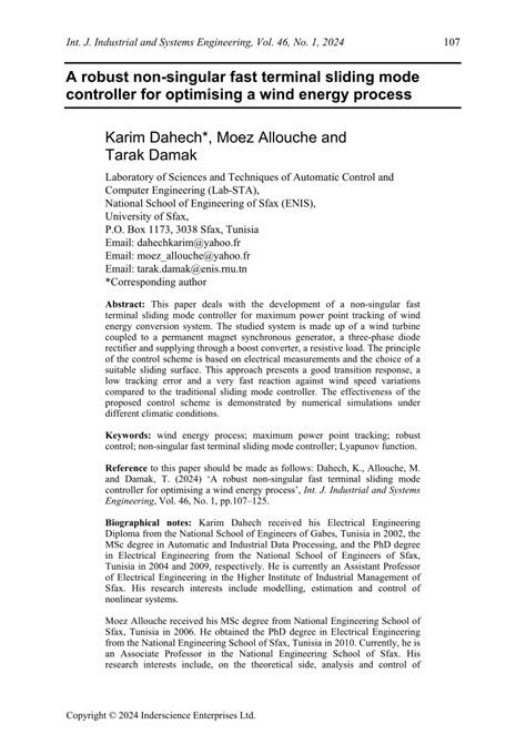 Pdf A Robust Non Singular Fast Terminal Sliding Mode Controller For Optimising A Wind Energy