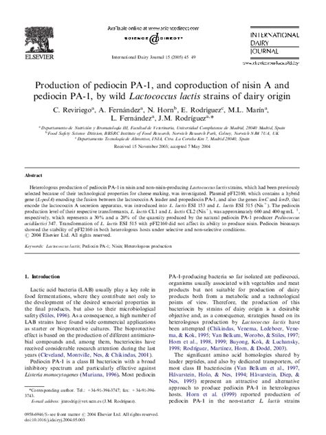 Pdf Production Of Pediocin Pa 1 And Coproduction Of Nisin A And Pediocin Pa 1 By Wild