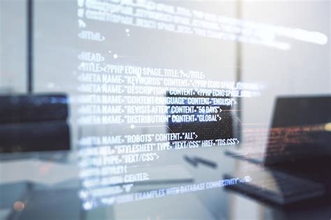 Premium Photo Multi Exposure Of Abstract Creative Coding Sketch And Modern Desktop With