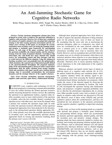 Pdf An Anti Jamming Stochastic Game For Cognitive Radio Networks