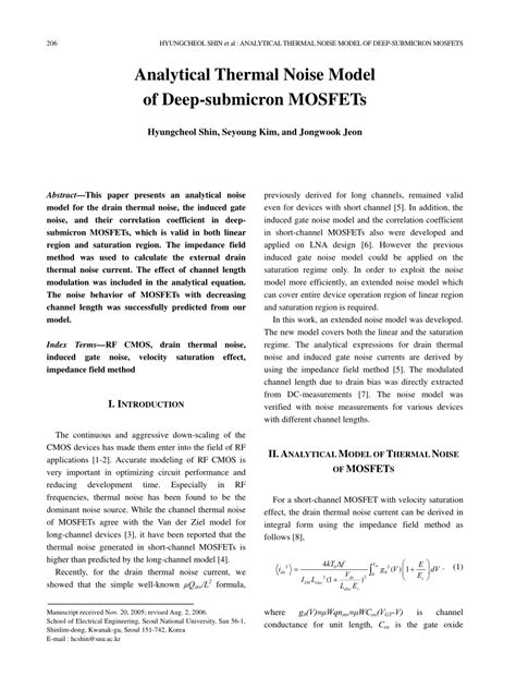 Pdf Analytical Thermal Noise Model Of Deep Submicron Mosfets